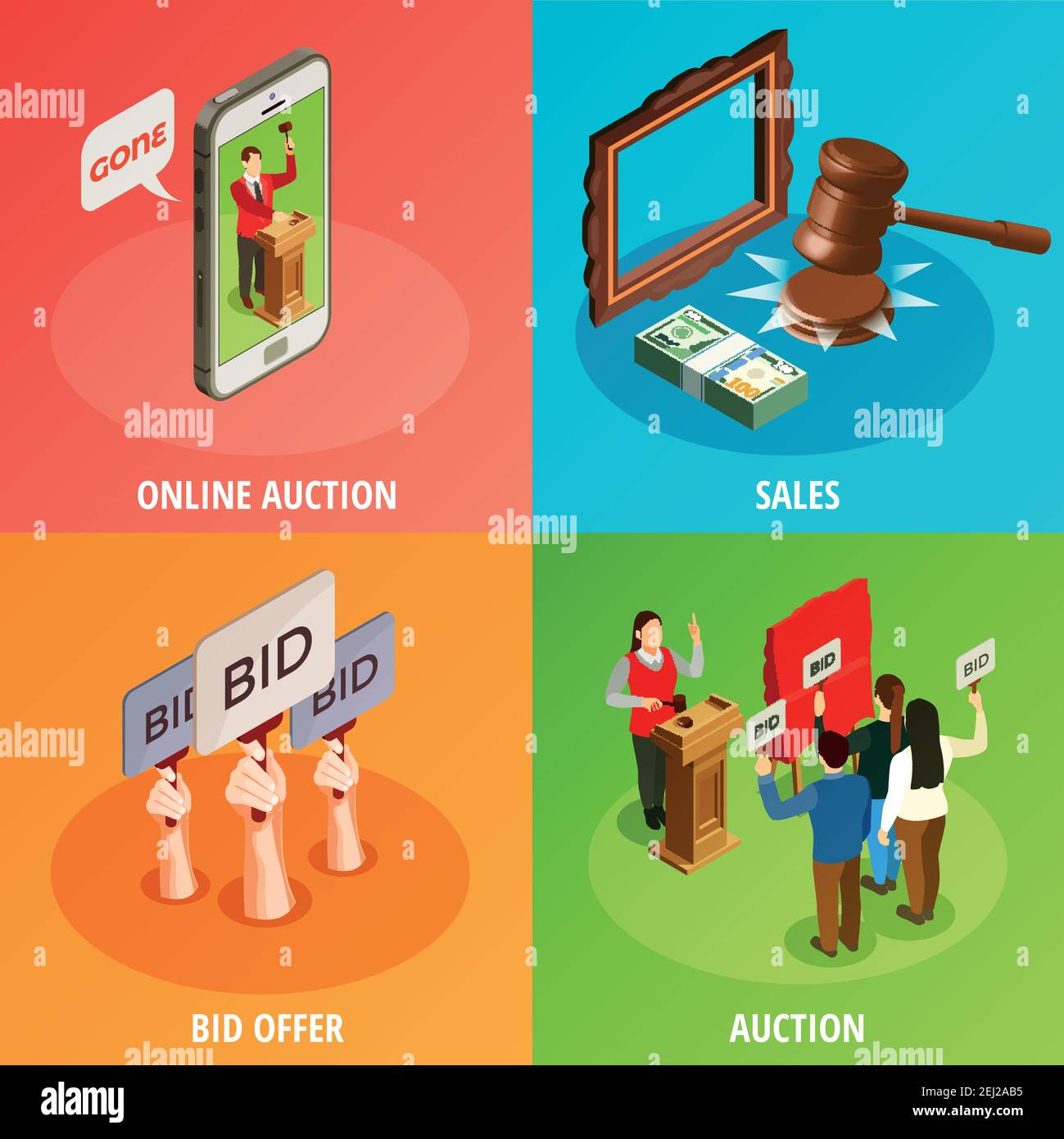 Auction isometric 2x2 design concept with images of human hands holding ...