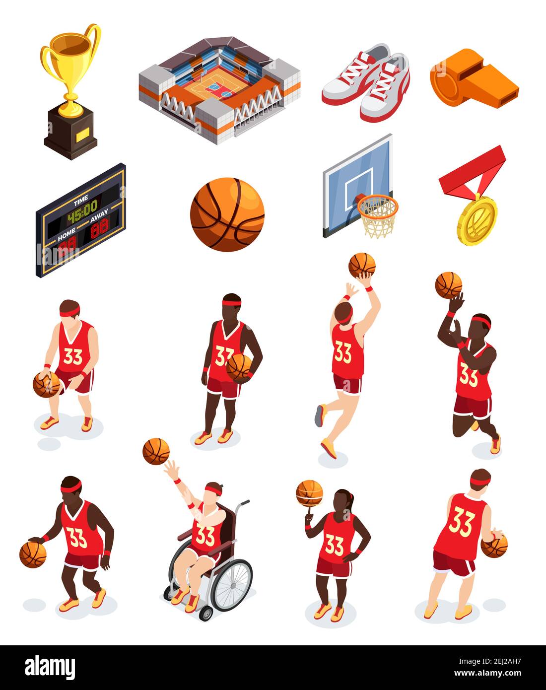 Basketball isometric icons collection of isolated human characters of ...