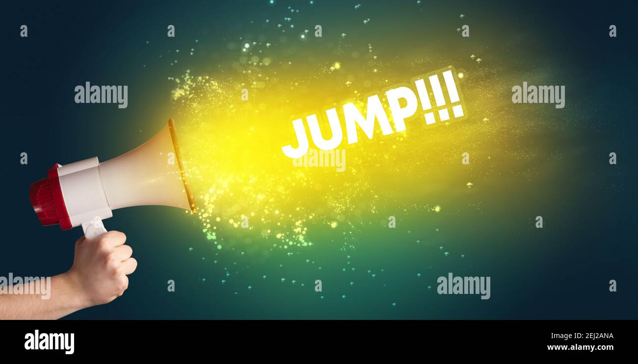 Young woman yelling to loudspeaker with JUMP!!! inscription, modern ...