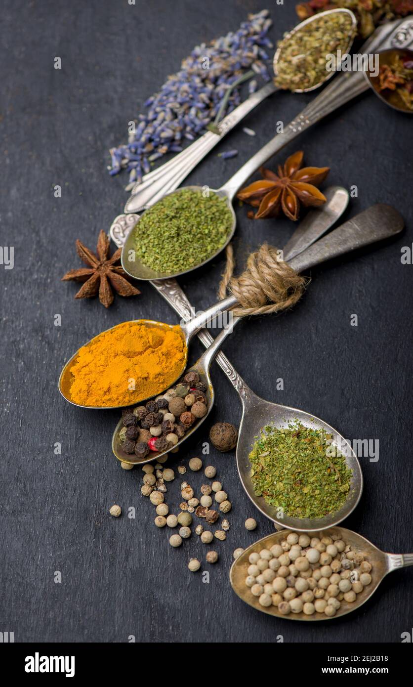 Various spices spoons on table. Top view with copy space Stock Photo ...