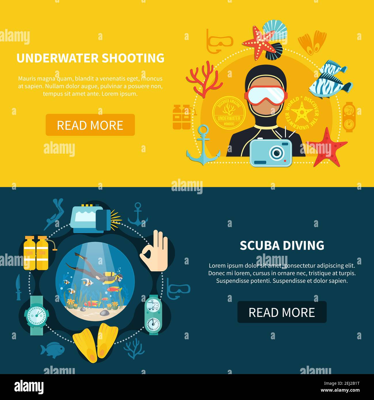 Horizontal banners with underwater shooting on yellow background and ...