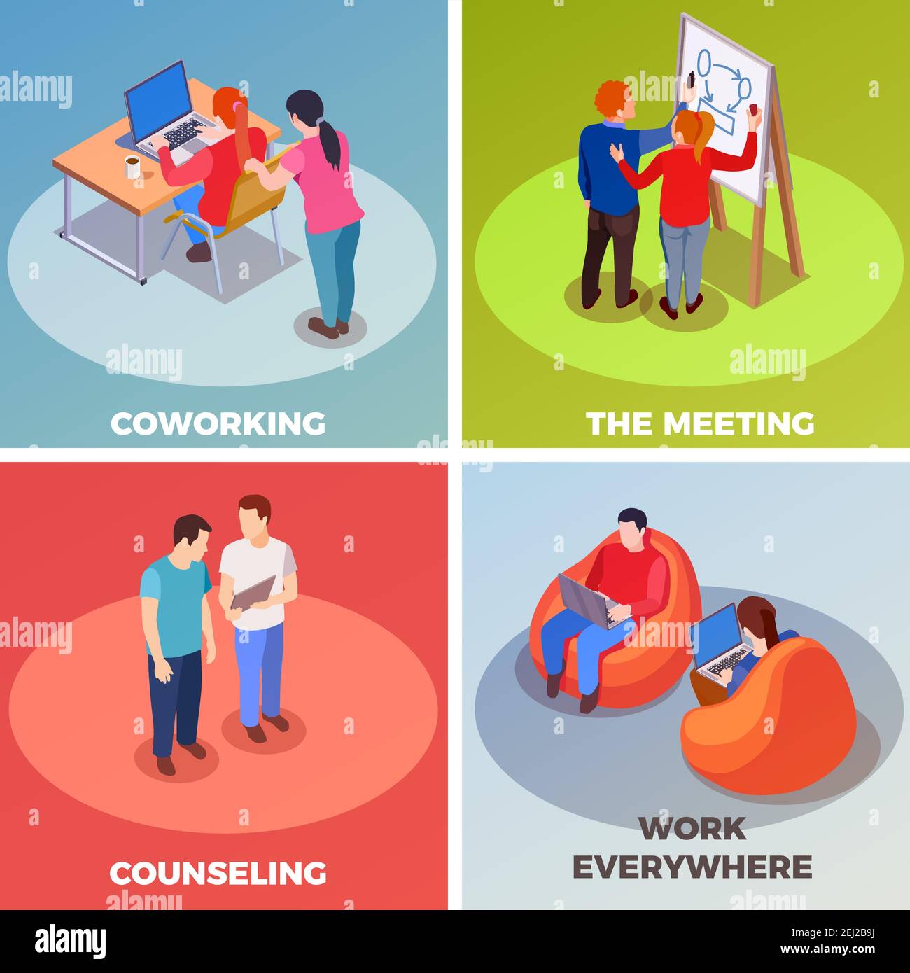 Coworking people isometric 2x2 design concept with compositions of ...