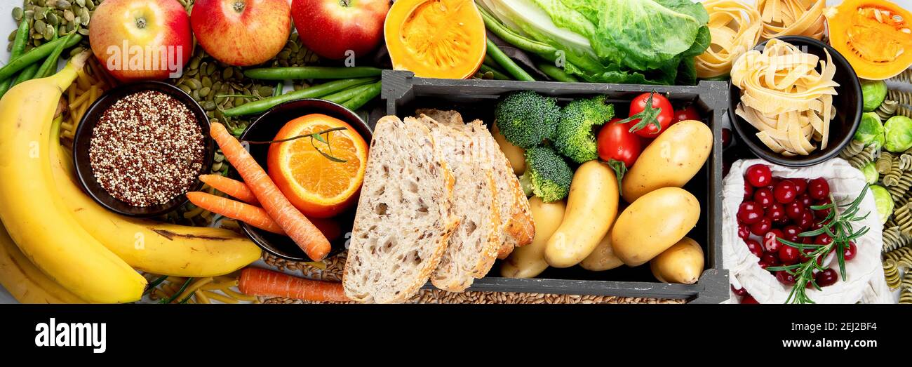 Best sources of carbs on light gray background. Healthy food concept ...