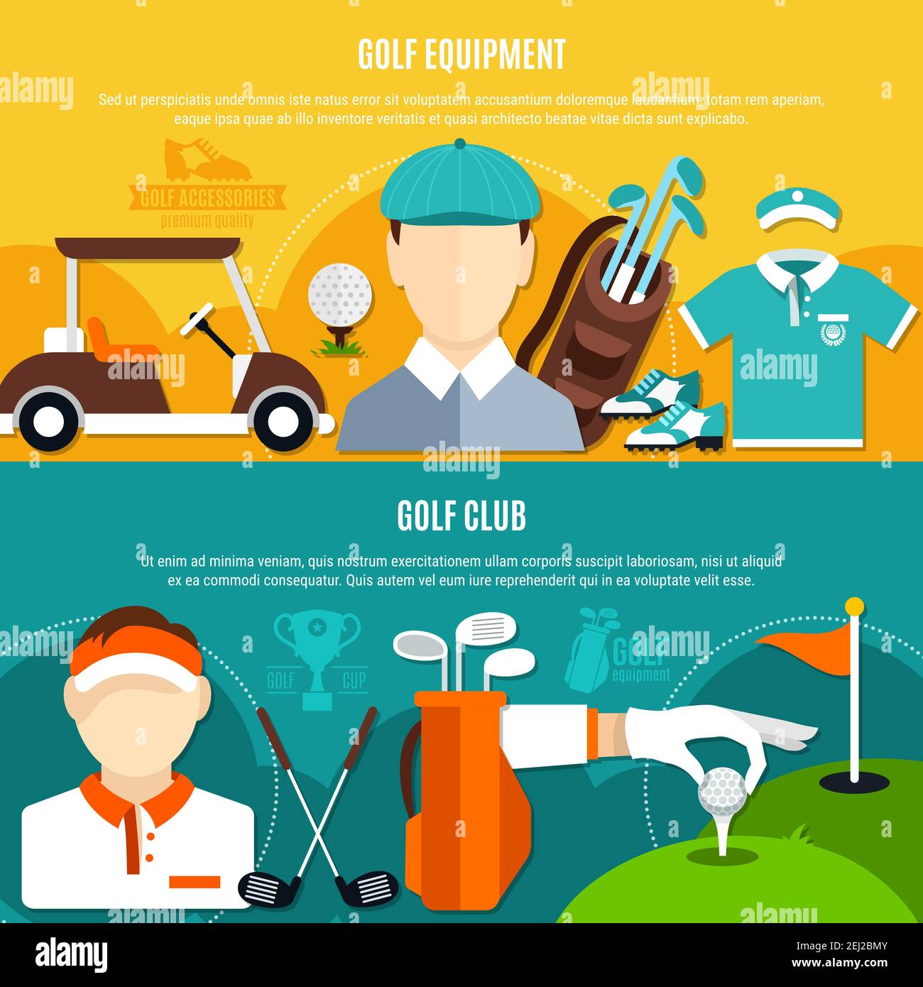 Golf game horizontal flat banners with sportswear and equipment, club ...