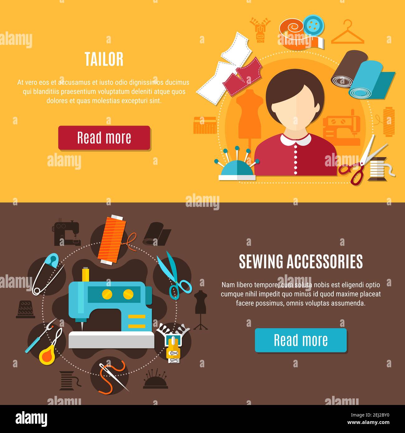 Sewing and tailor horizontal banners set with cloth needle and thread ...