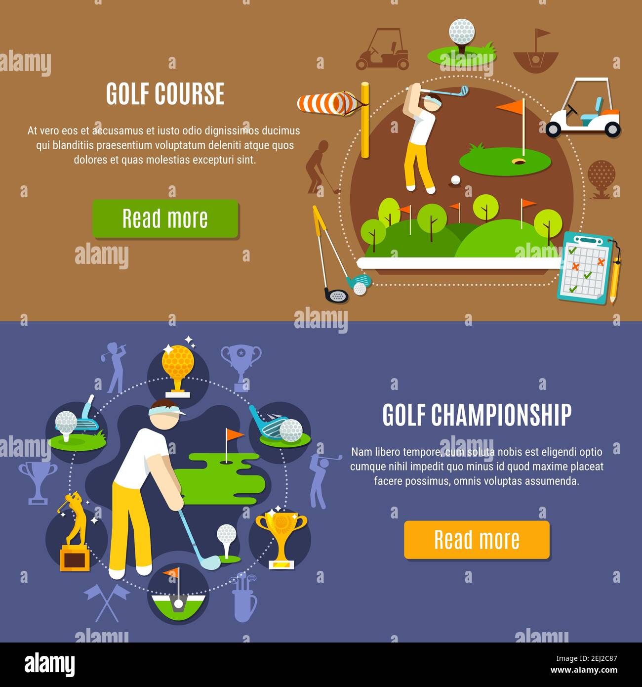 Horizontal flat banners with golf championship and green course on blue ...