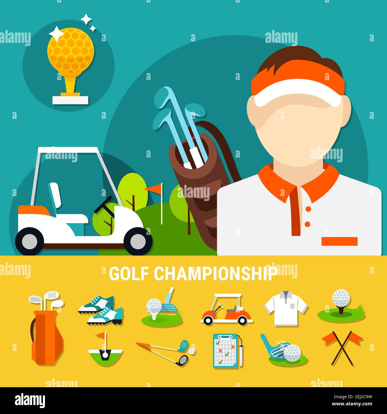 Golf championship concept with sports equipment icons on yellow ...