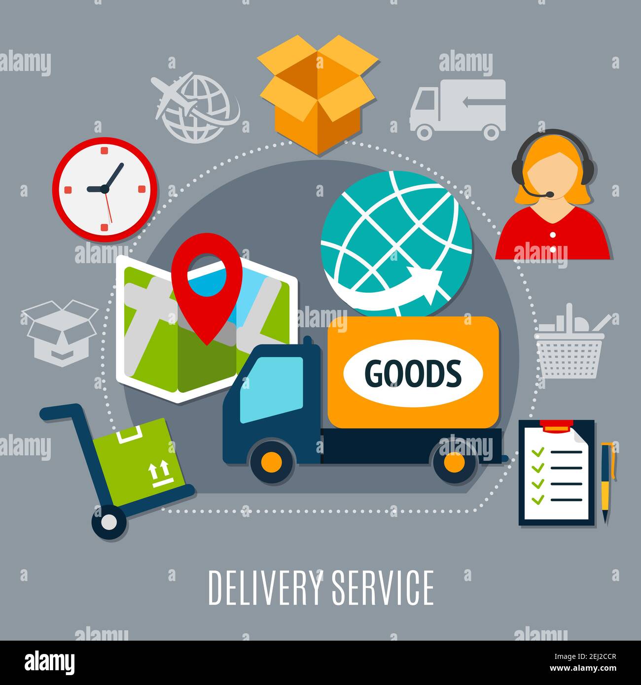 Delivery service composition including truck with goods, map with ...