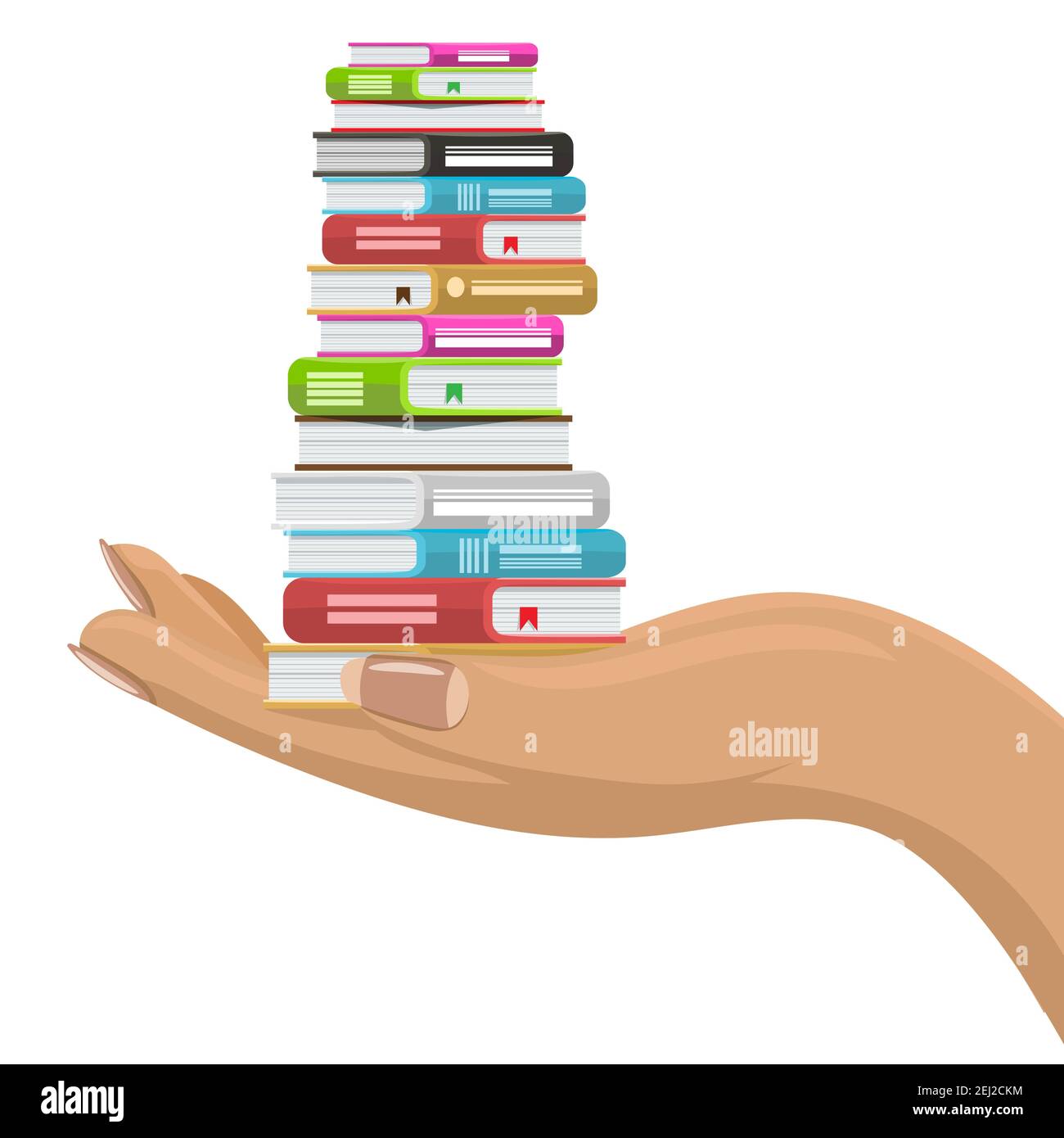 Stack of various books in female hand. Hand holding books. Flat and ...