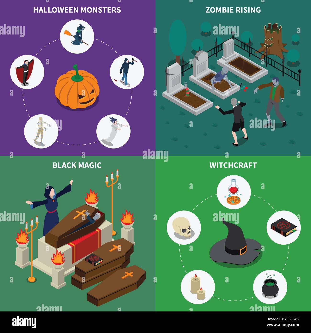 Isometric monster halloween icon set with zombie rising black magic ...