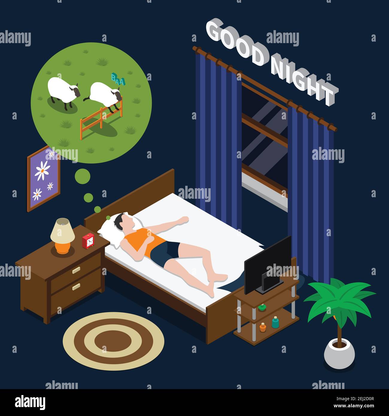 Good night isometric composition on dark background with lying man ...