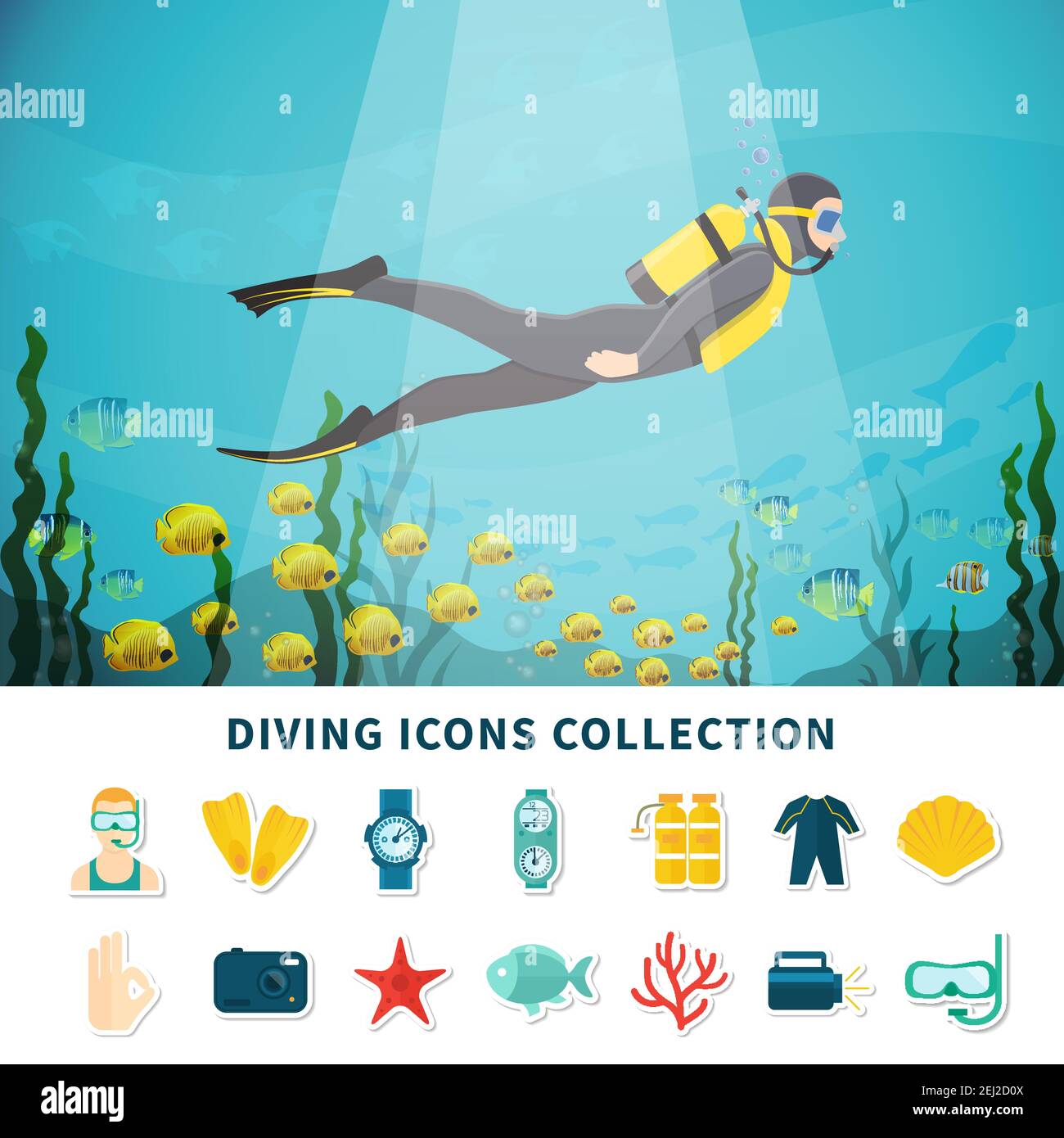 Diving icons collection with scuba equipment including camera and ...