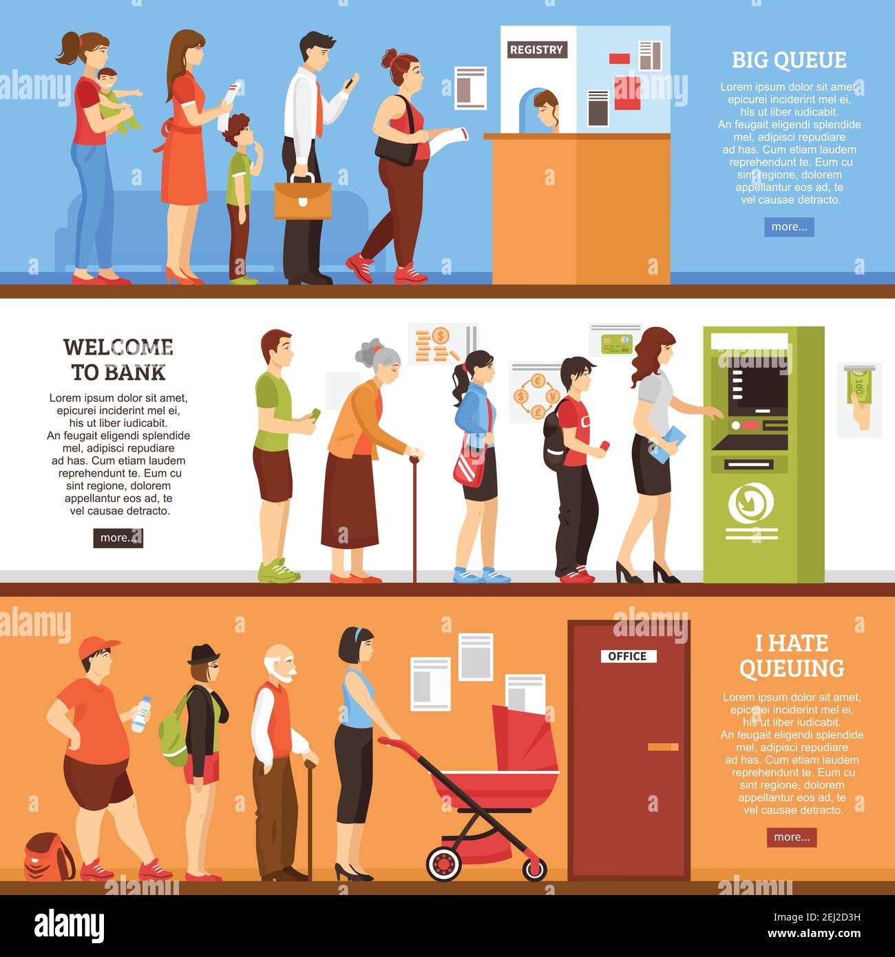 Queue horizontal banners set with ATM and office symbols flat isolated ...