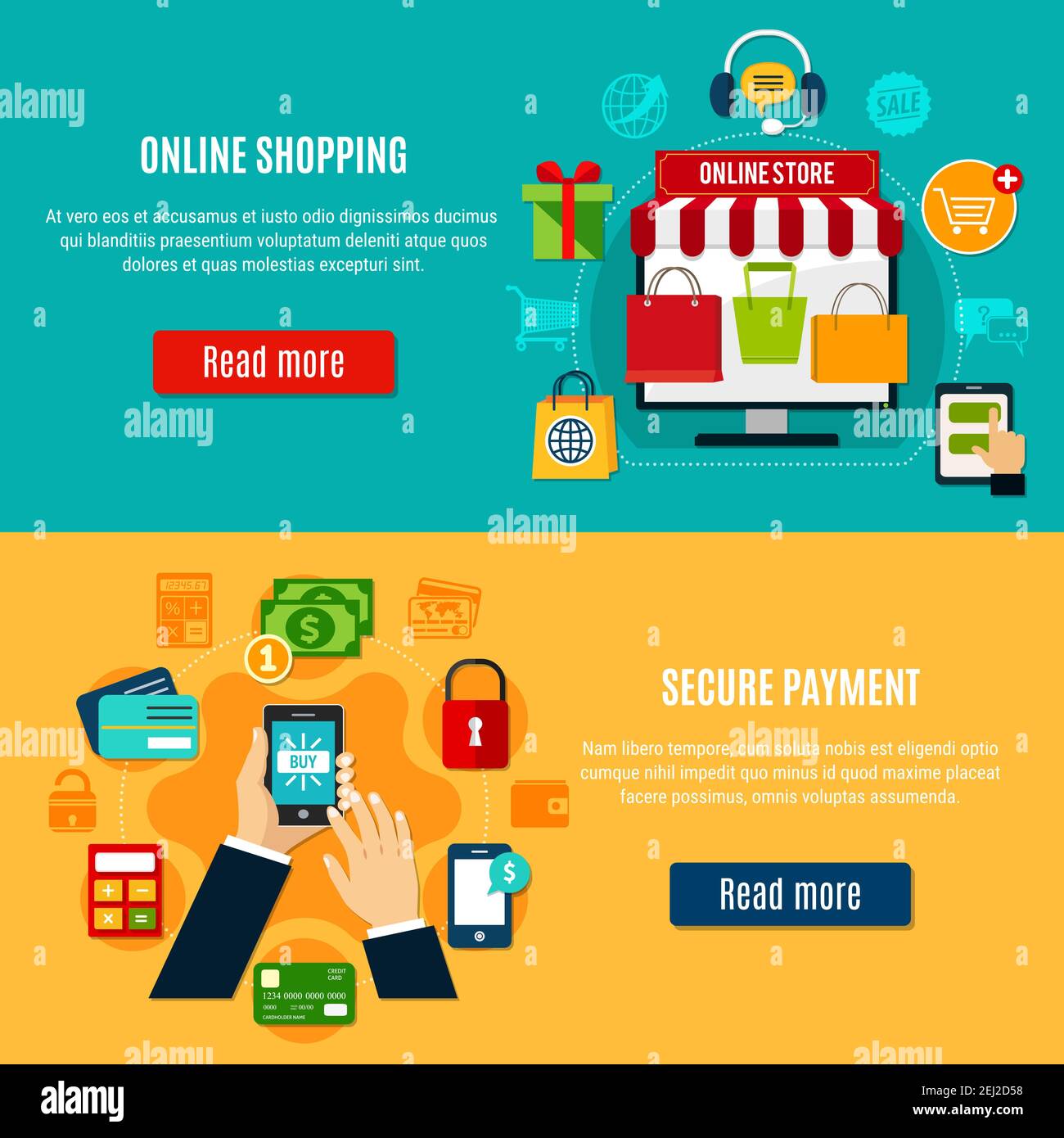 Horizontal flat banners with online shopping and secure payment on ...