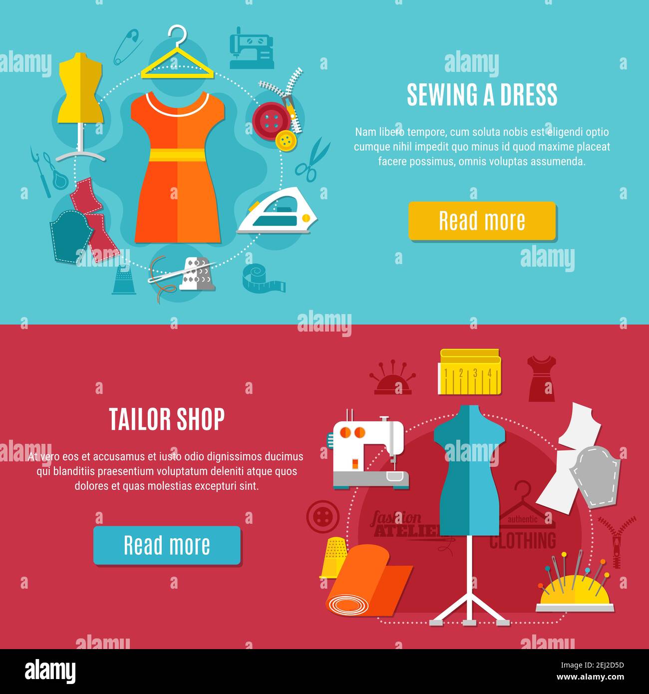 Sewing clothes horizontal banners set with workplace symbols flat ...
