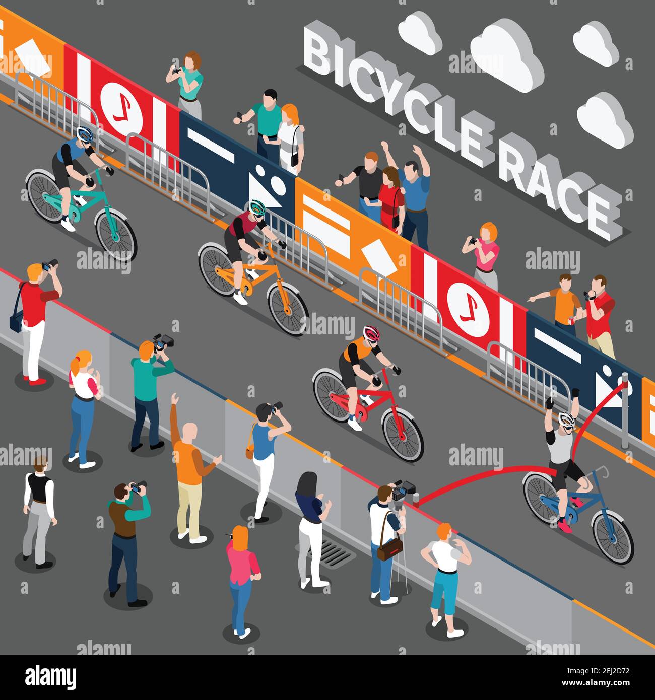 Colored bicycle isometric composition with racers on bicycle race and ...