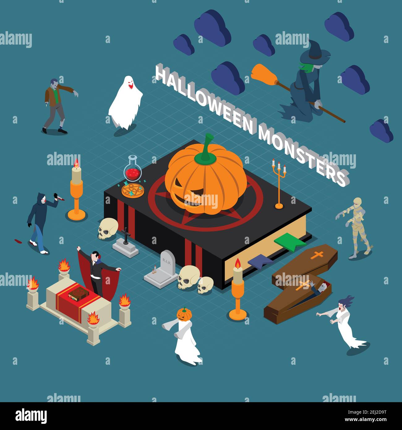 Colored monster halloween isometric composition with different monsters ...
