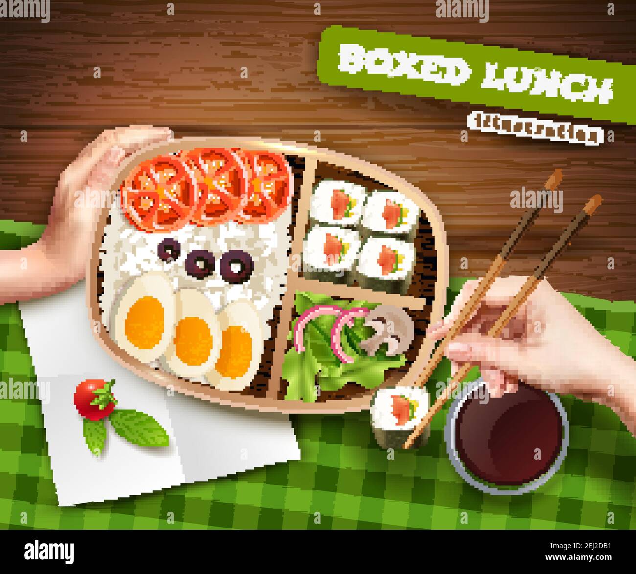 Boxed lunch with asian food on green cloth and female hands with ...