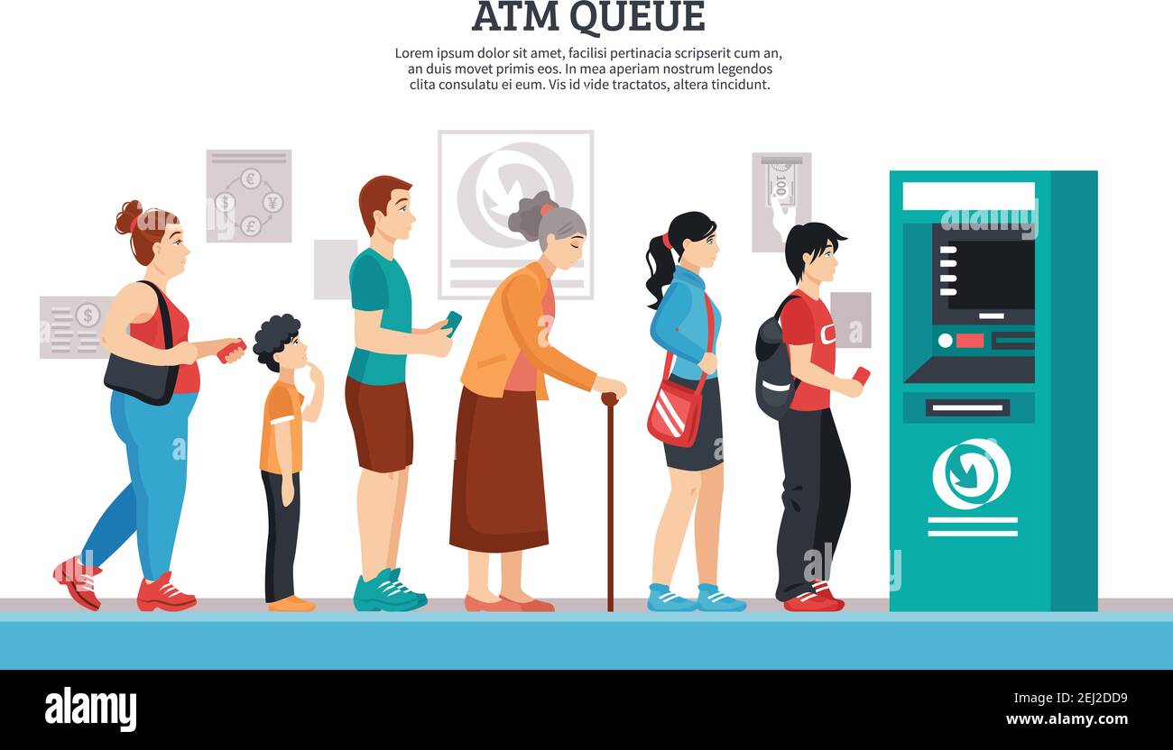ATM queue with elderly young people and kids flat vector illustration ...
