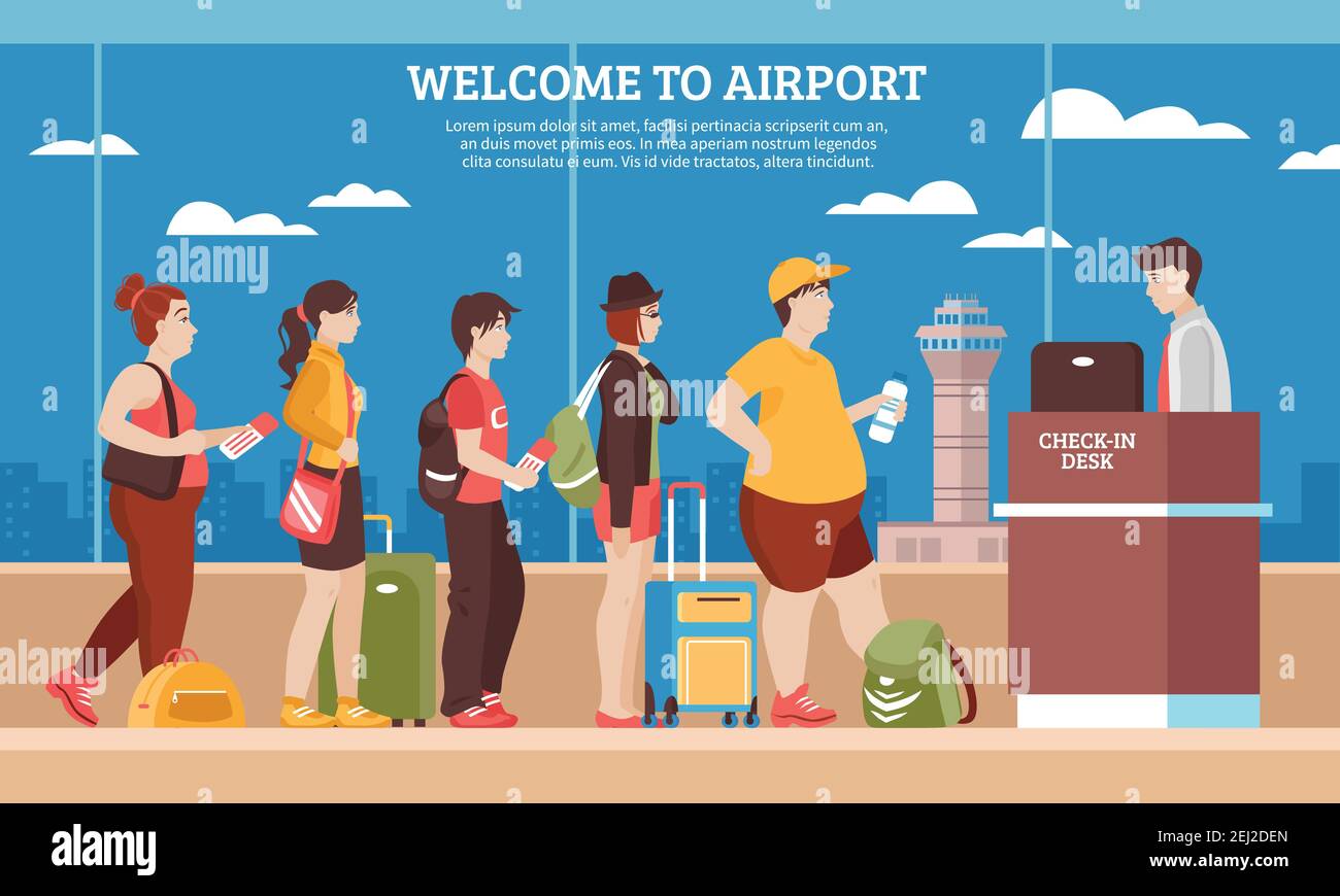 Airport queue with people room and registry service flat vector ...