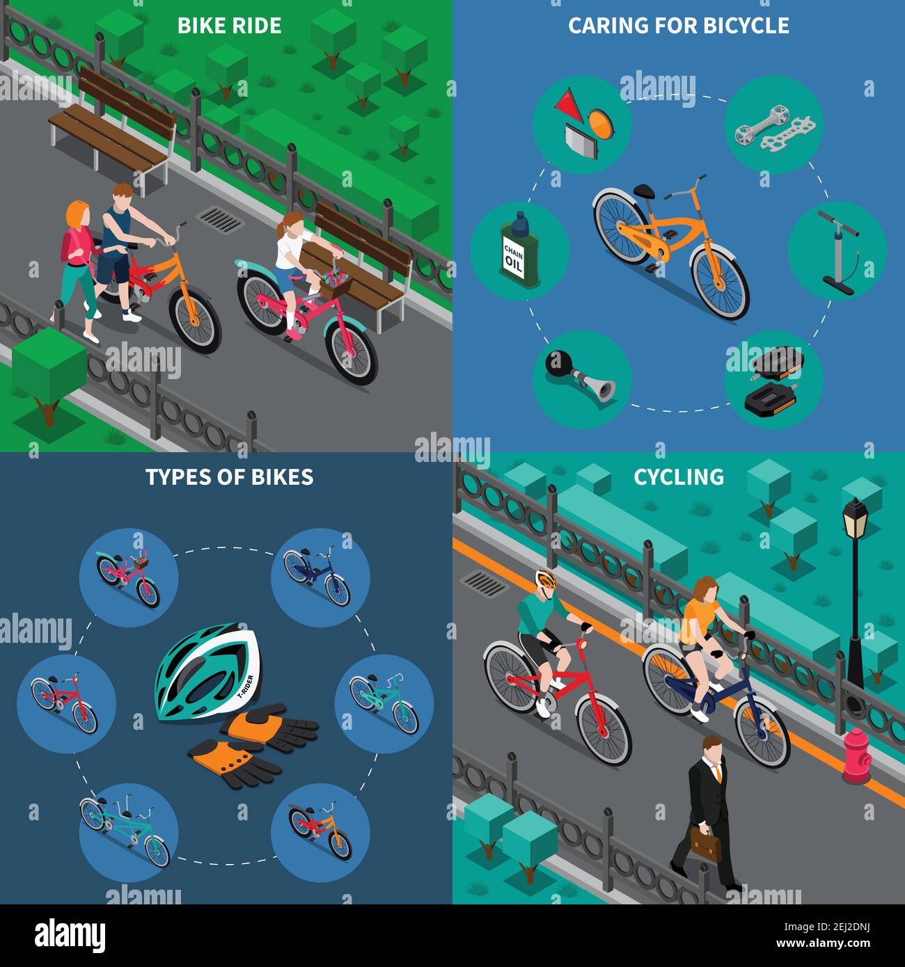 Four squares bicycle isometric composition set with bike ride caring ...
