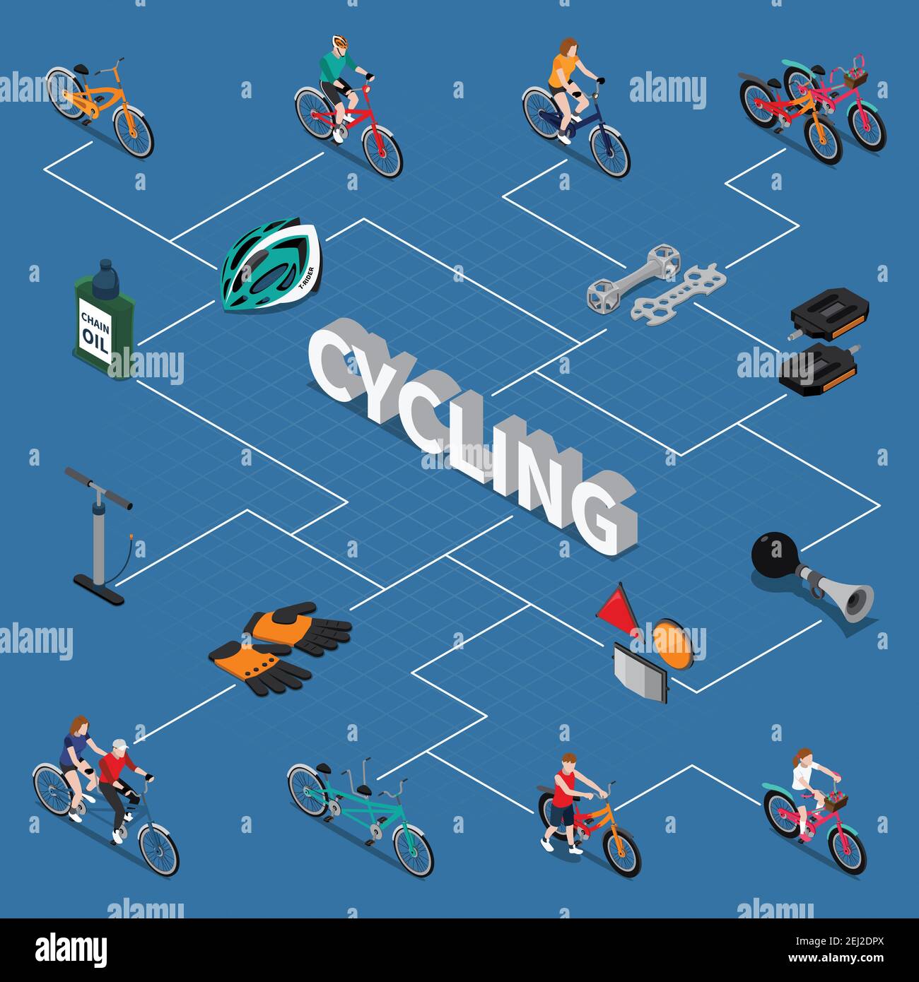 Colored bicycle isometric flowchart with equipment and attributes of ...