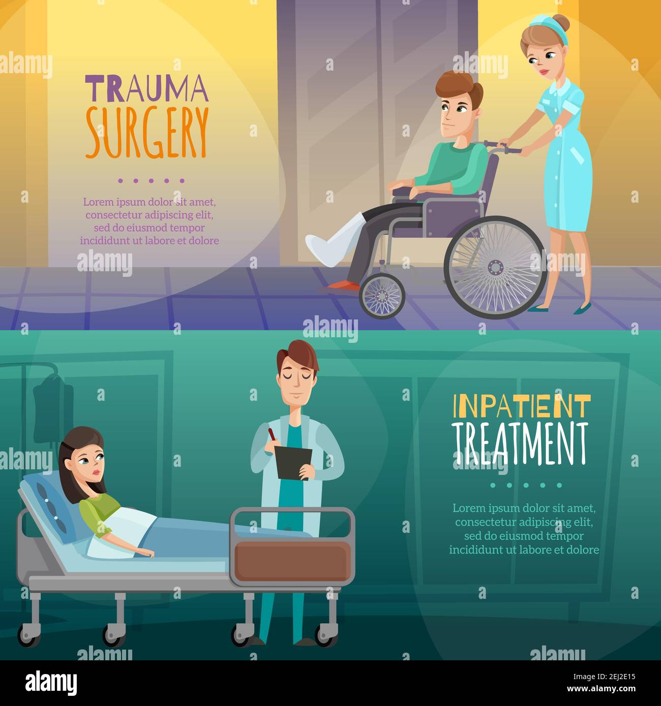 Set of horizontal banners with doctors and patients in trauma surgery ...