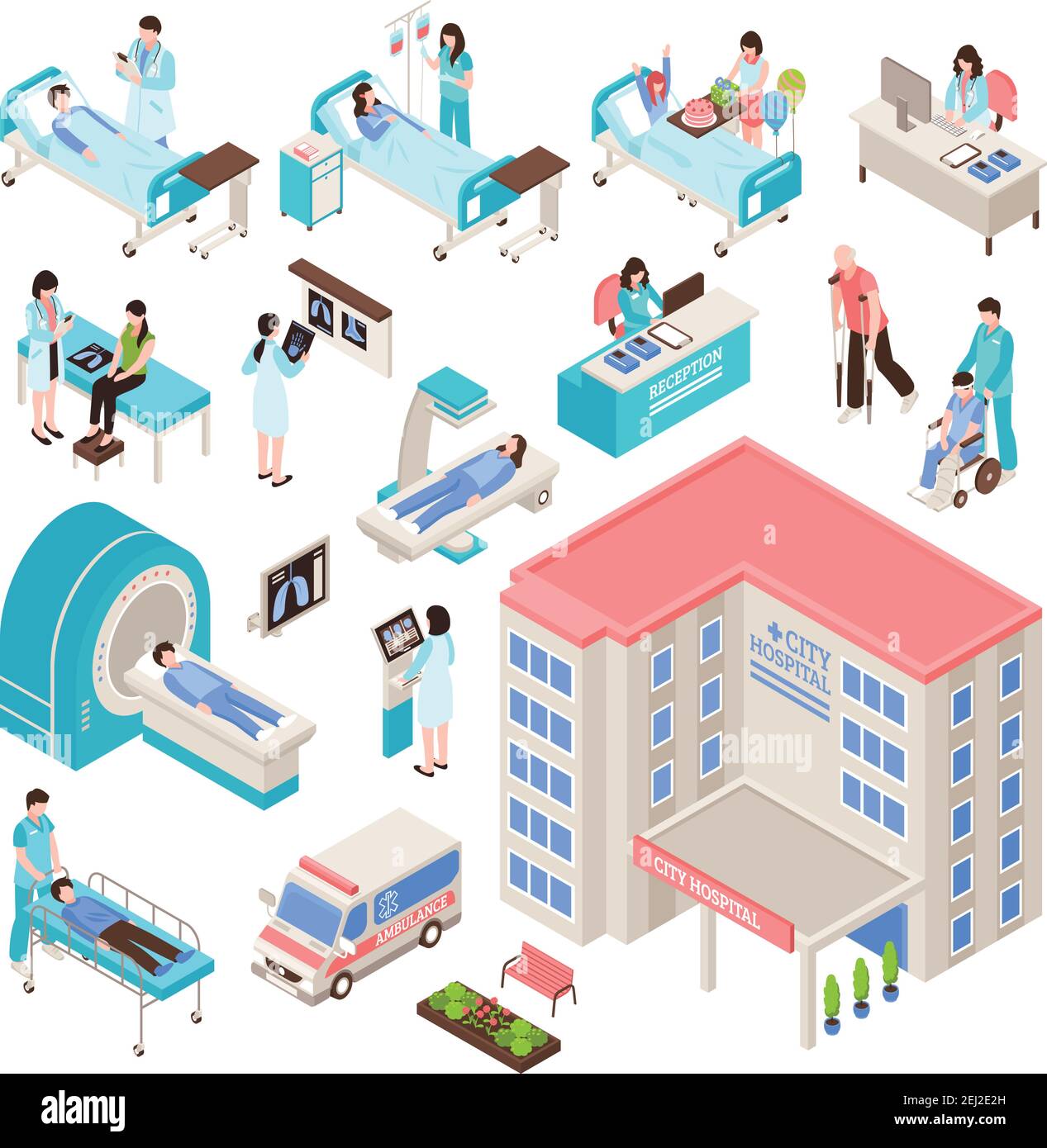 Hospital isometric set with people equipment and building service ...