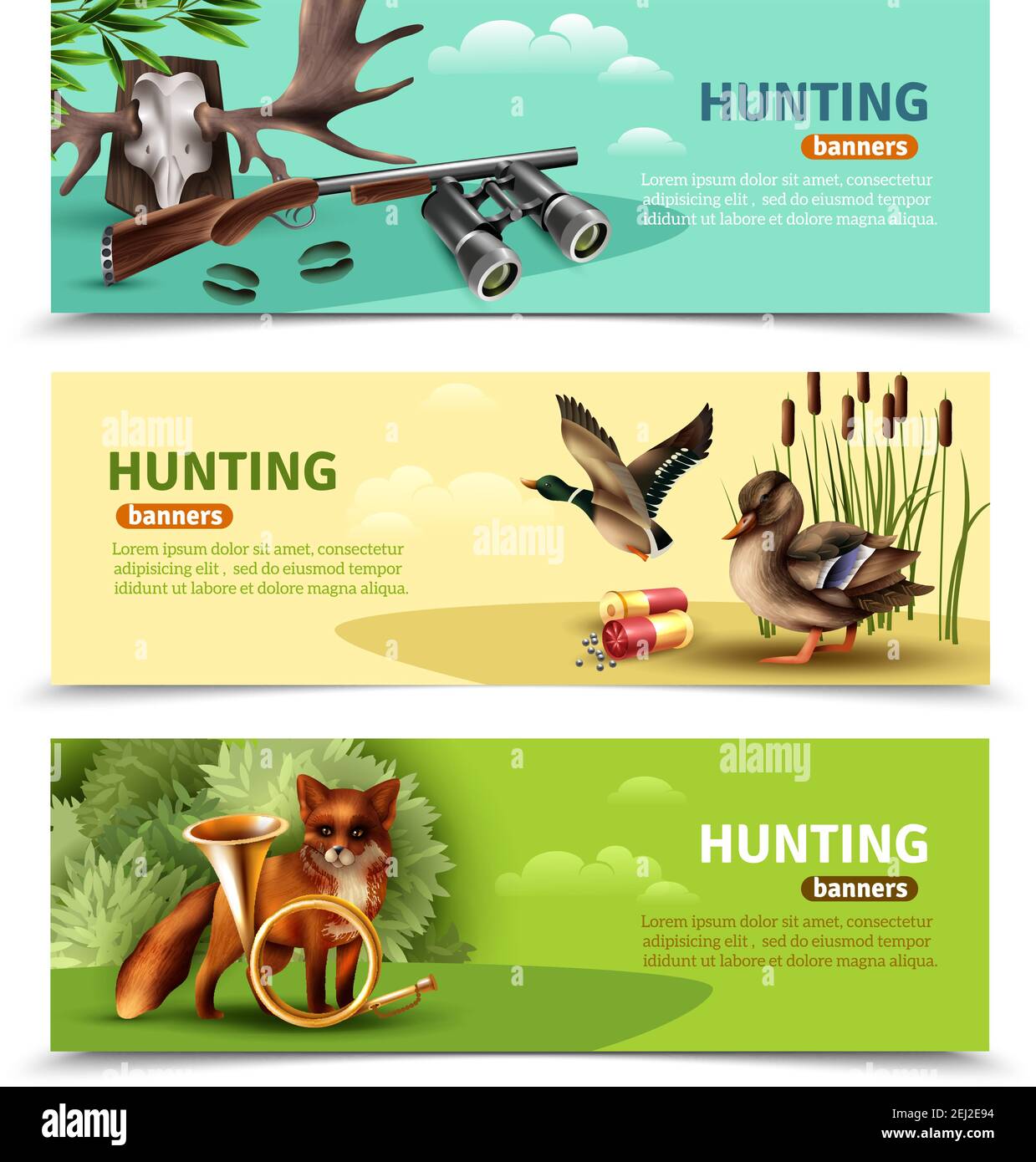 Set of horizontal banners with hunting equipment and trophies, fox with ...