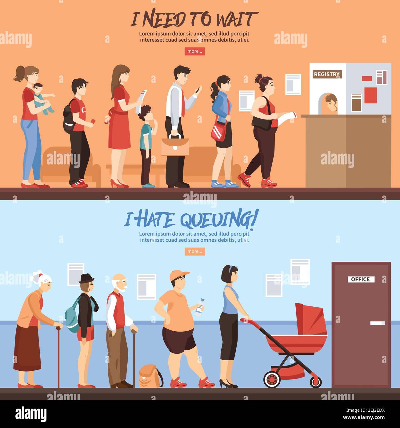 Queue horizontal banners set with people and registry service flat ...