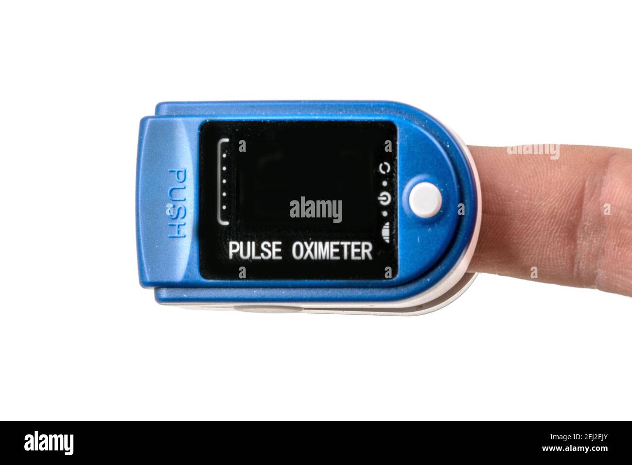 Close up Finger with Pulse Oximeter Measurement. Reduced oxygenation is ...