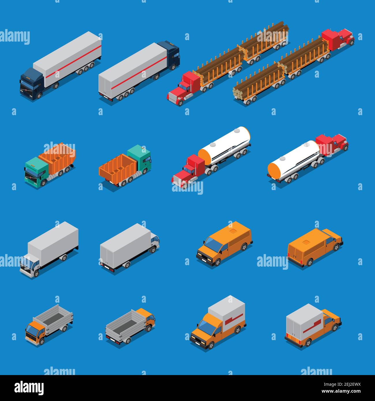 Isometric icons set with trucks for transportation timber, fuel ...