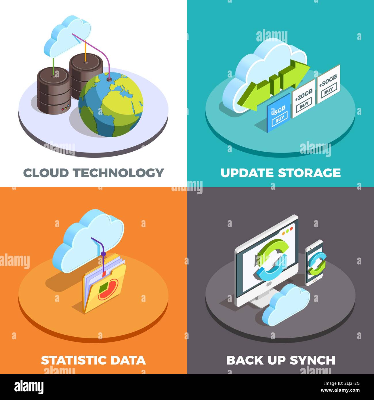 Cloud computing service concept 4 isometric icons square with storage ...