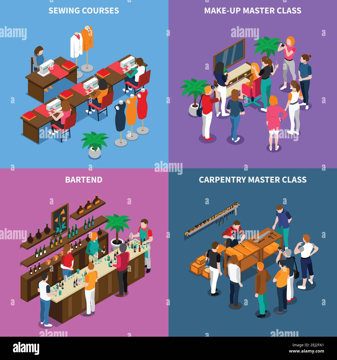 Isometric concept with master class for carpentry and makeup, sewing ...