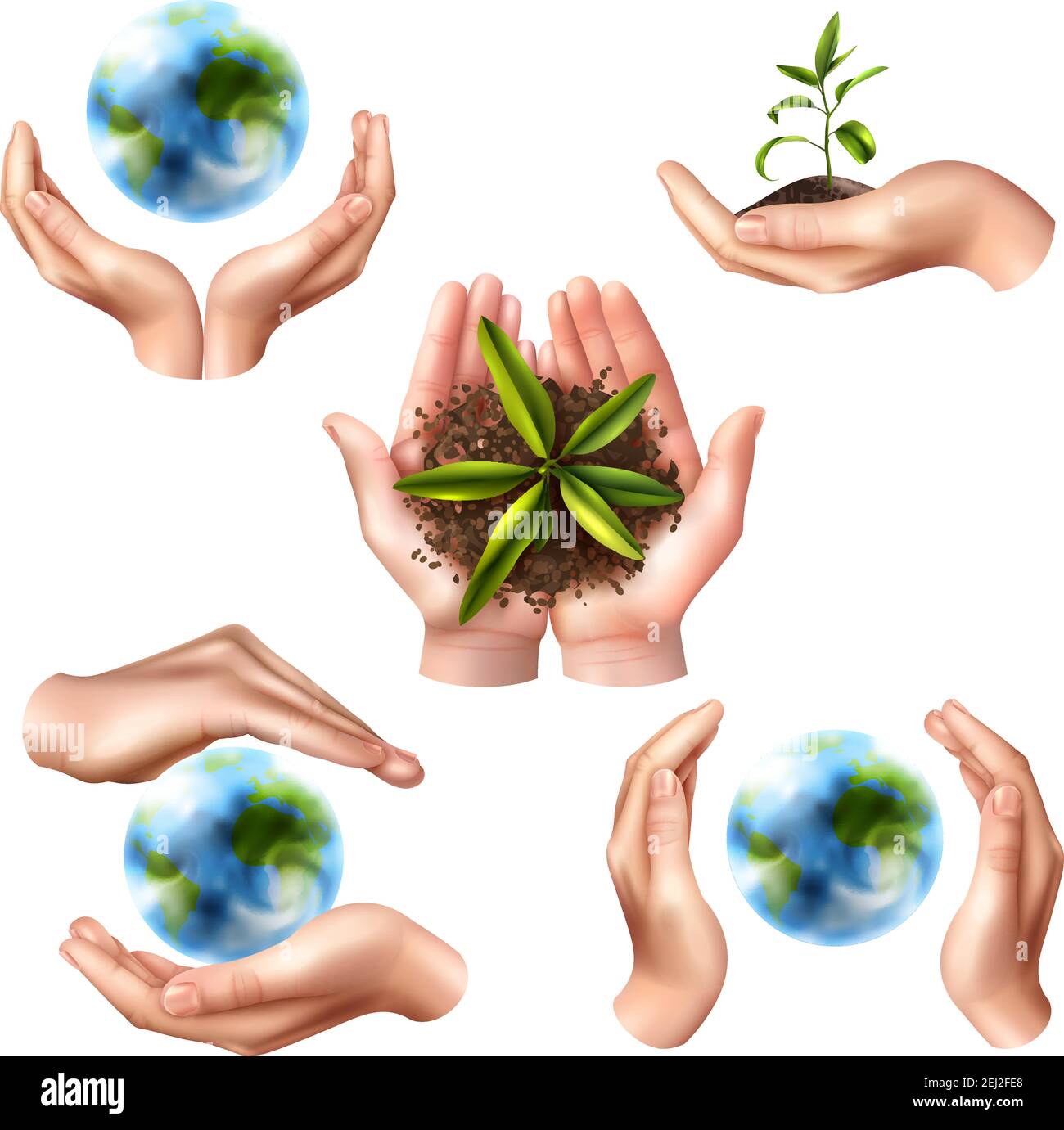 Set of ecology symbols with realistic female hands, globe and green ...