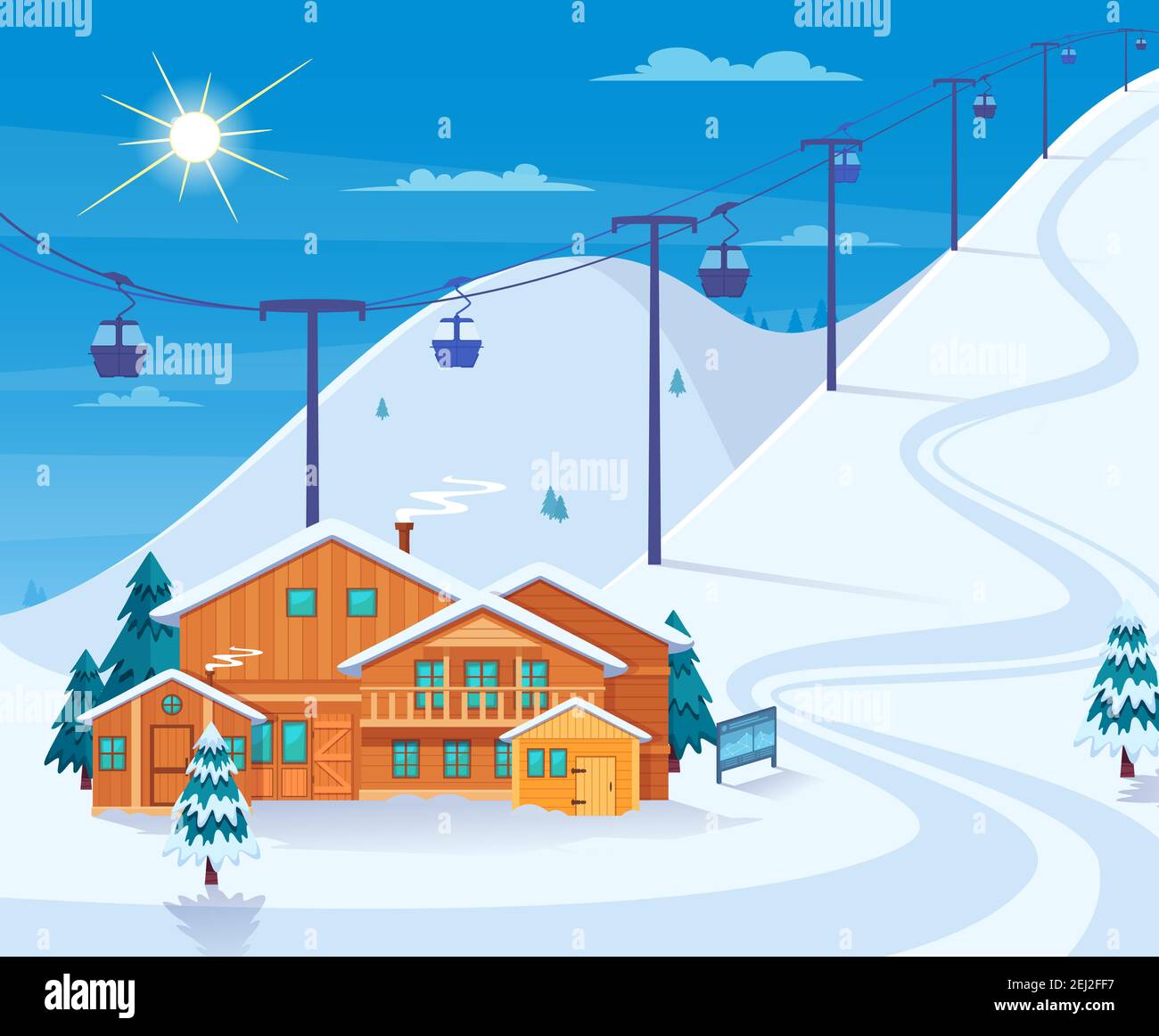 Winter skiing resort with snow hotel and ski lifts flat vector ...