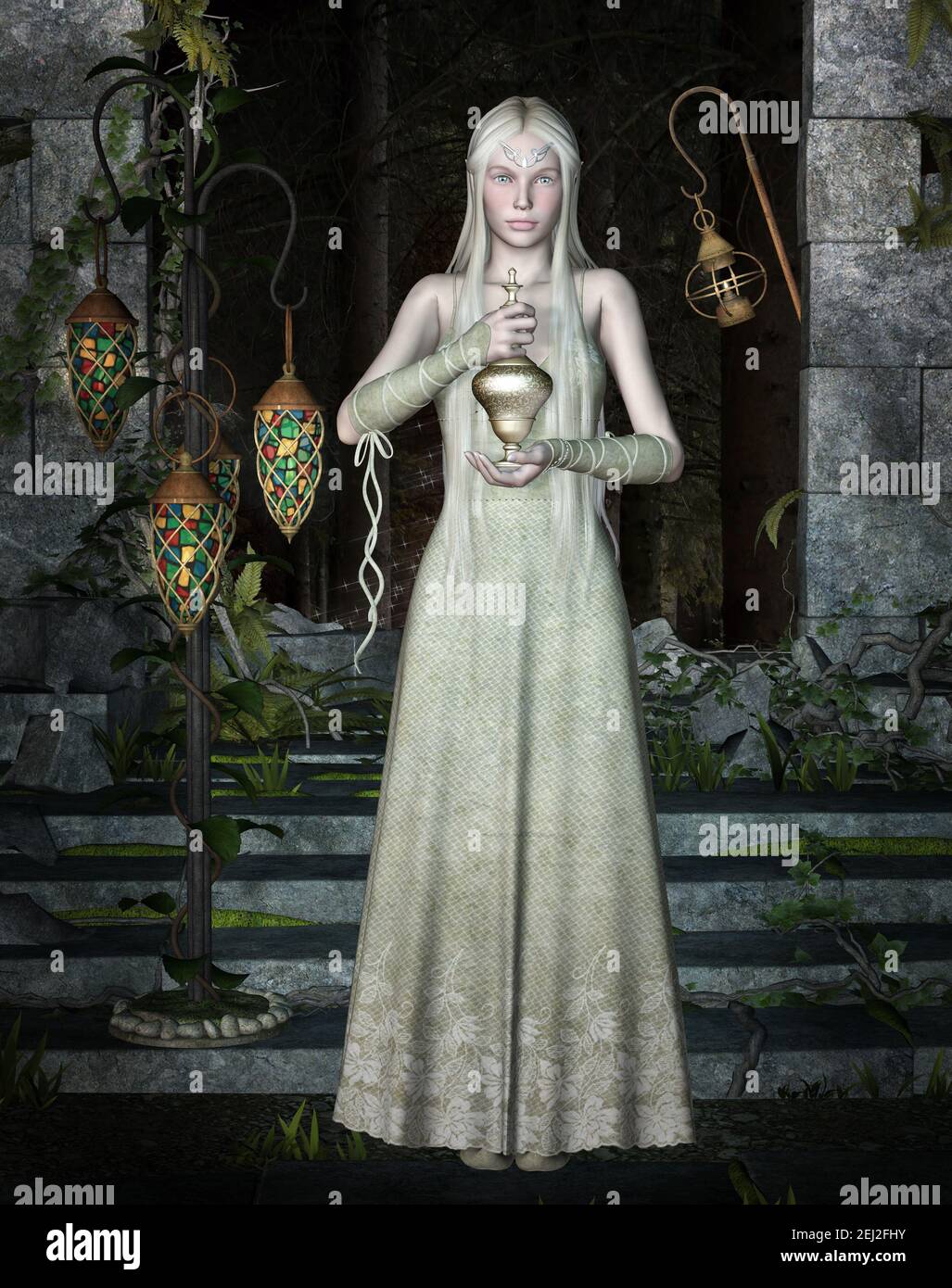 Young fantasy princess wearing a white dress with a magic potion in her ...