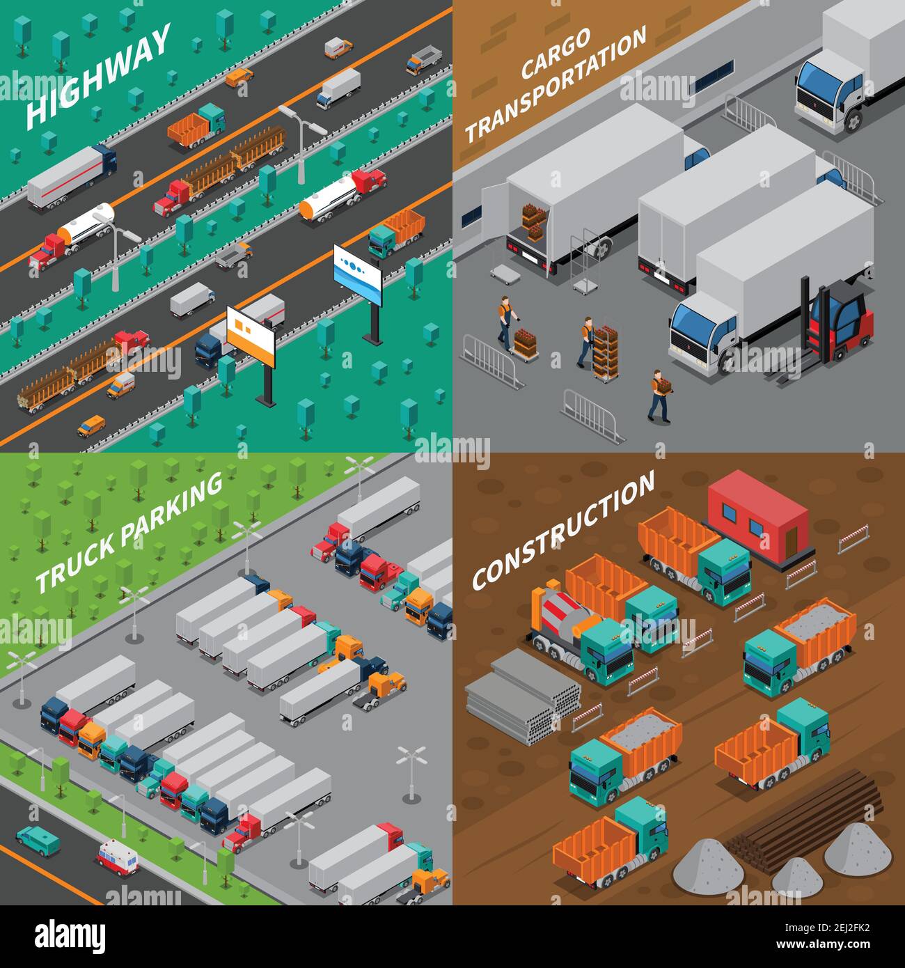Trucks isometric design concept with highway and parking, cargo ...