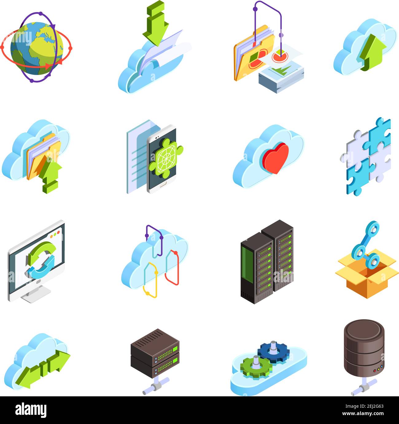 Cloud computing service isometric icons set with data folders connection sharing configuration ...