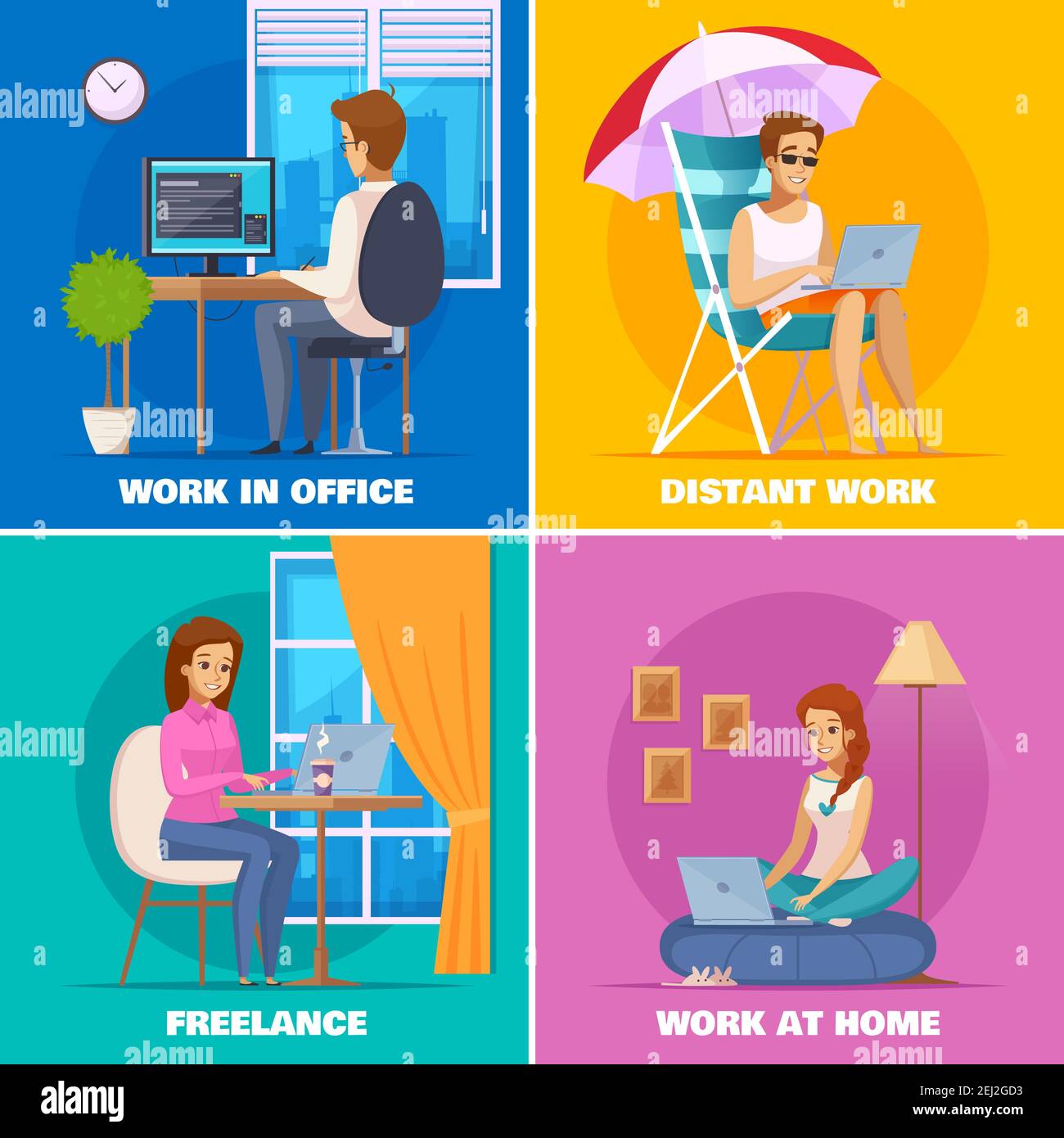 Designer artist concept icons set with distant work symbols flat ...