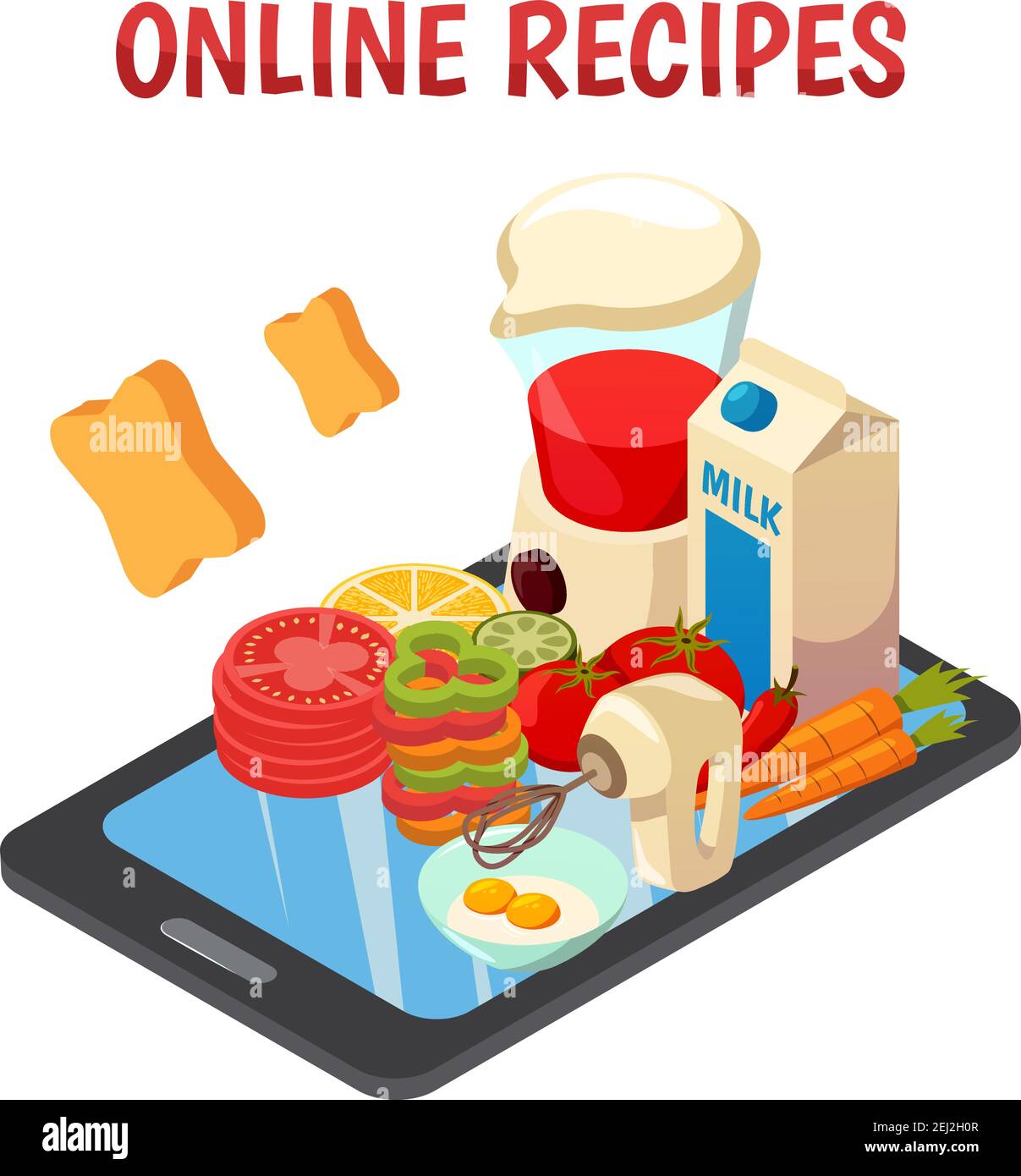 Online culinary recipes isometric composition with kitchen equipment ...