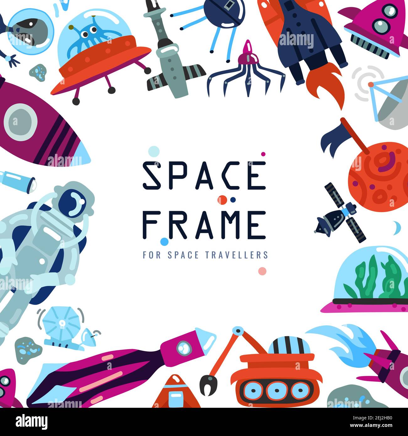 Flat design frame with outer space vehicles equipment cosmonaut and ...