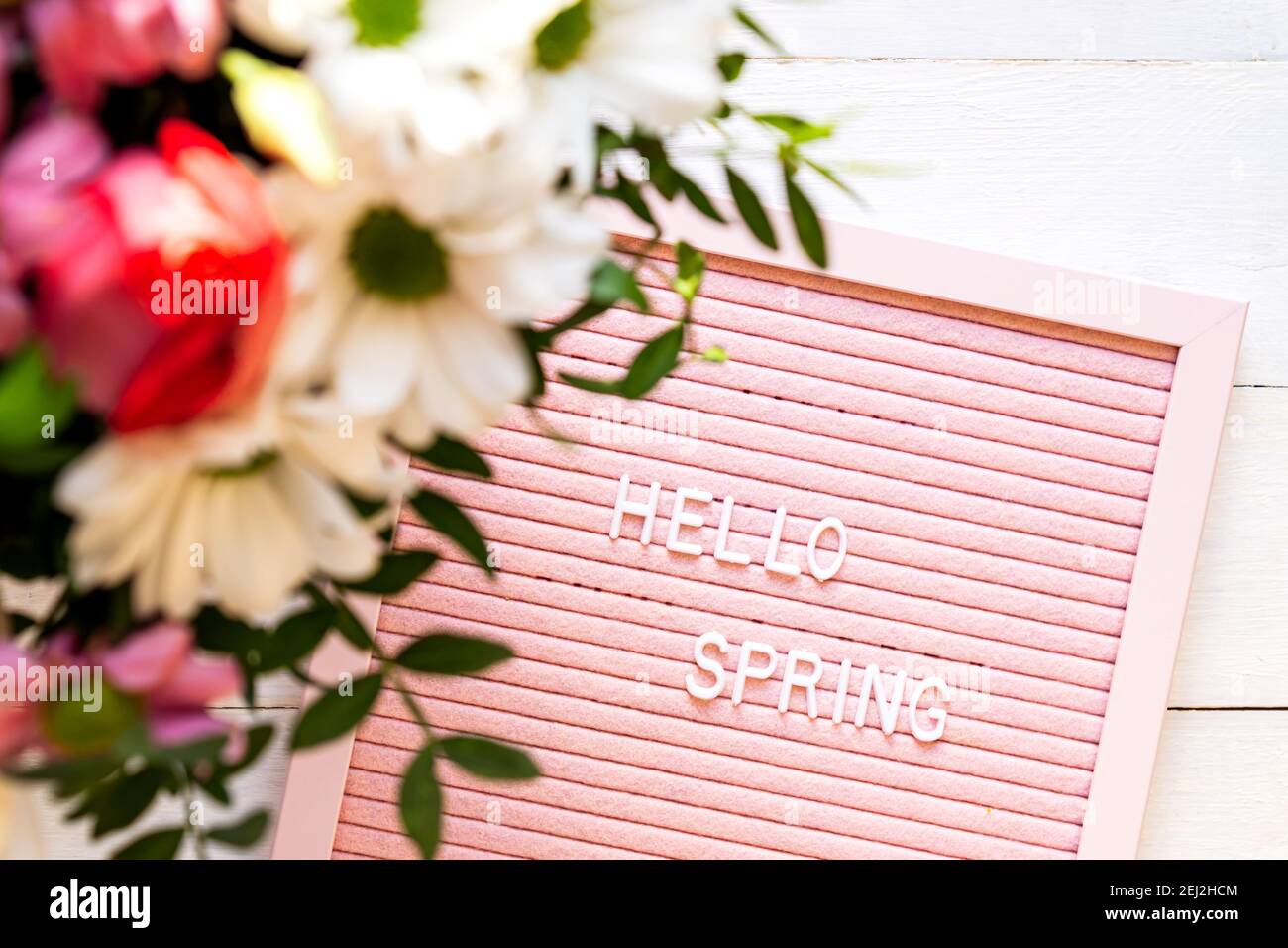 English text Hello spring on a pink letter Board with blooming flowers ...