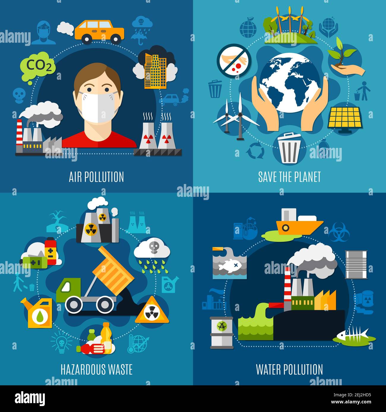 Environmental problems concept icons set with water and air pollution ...