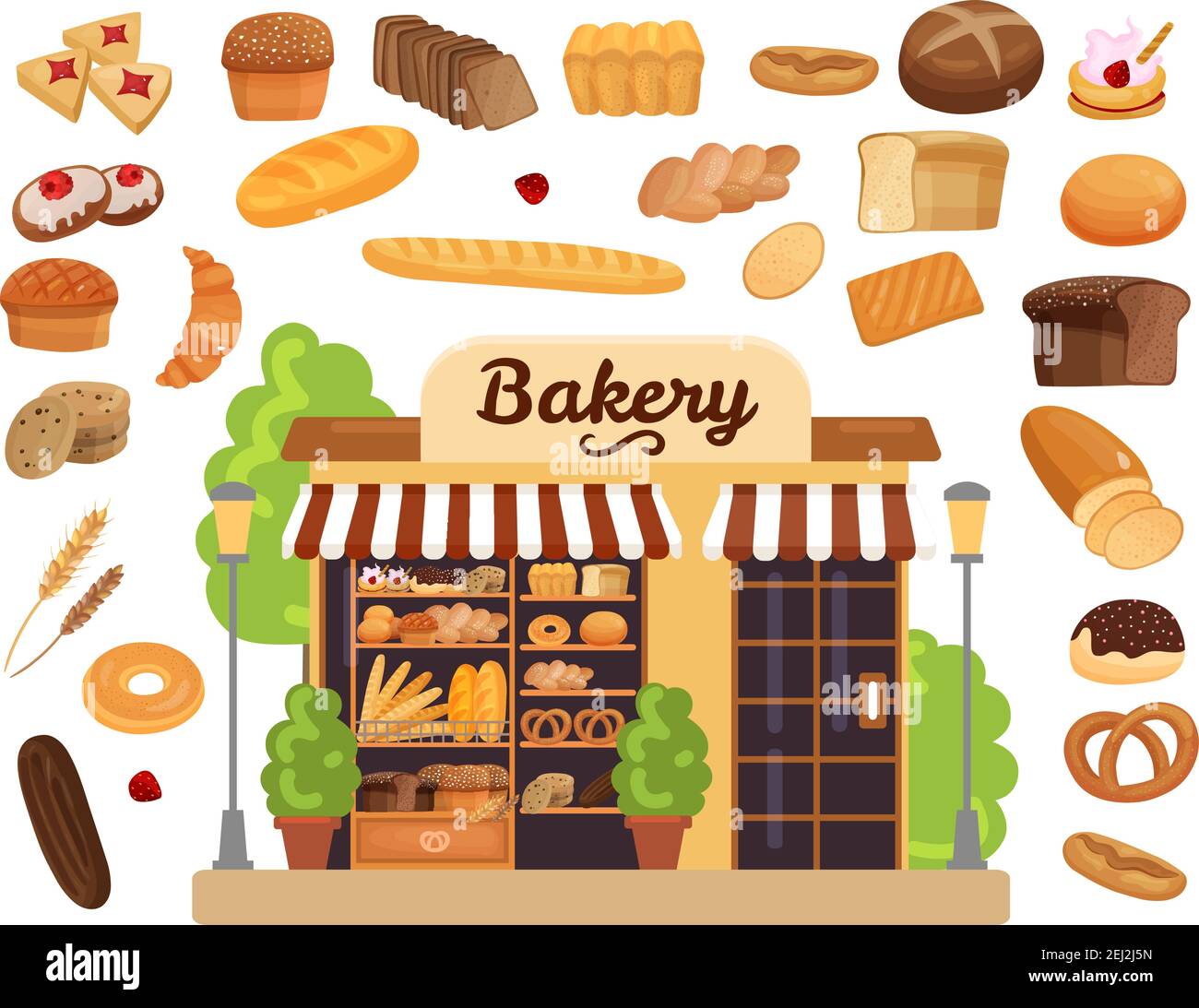 Bakery products flat design concept with shop window in centre and ...