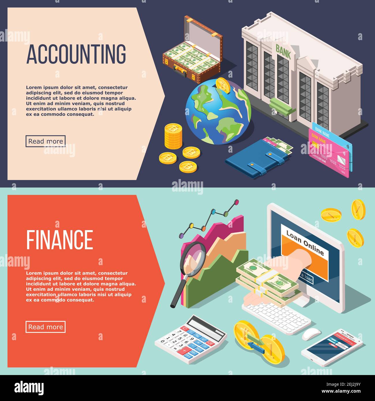 Set of two horizontal isometric accounting banners with editable text ...
