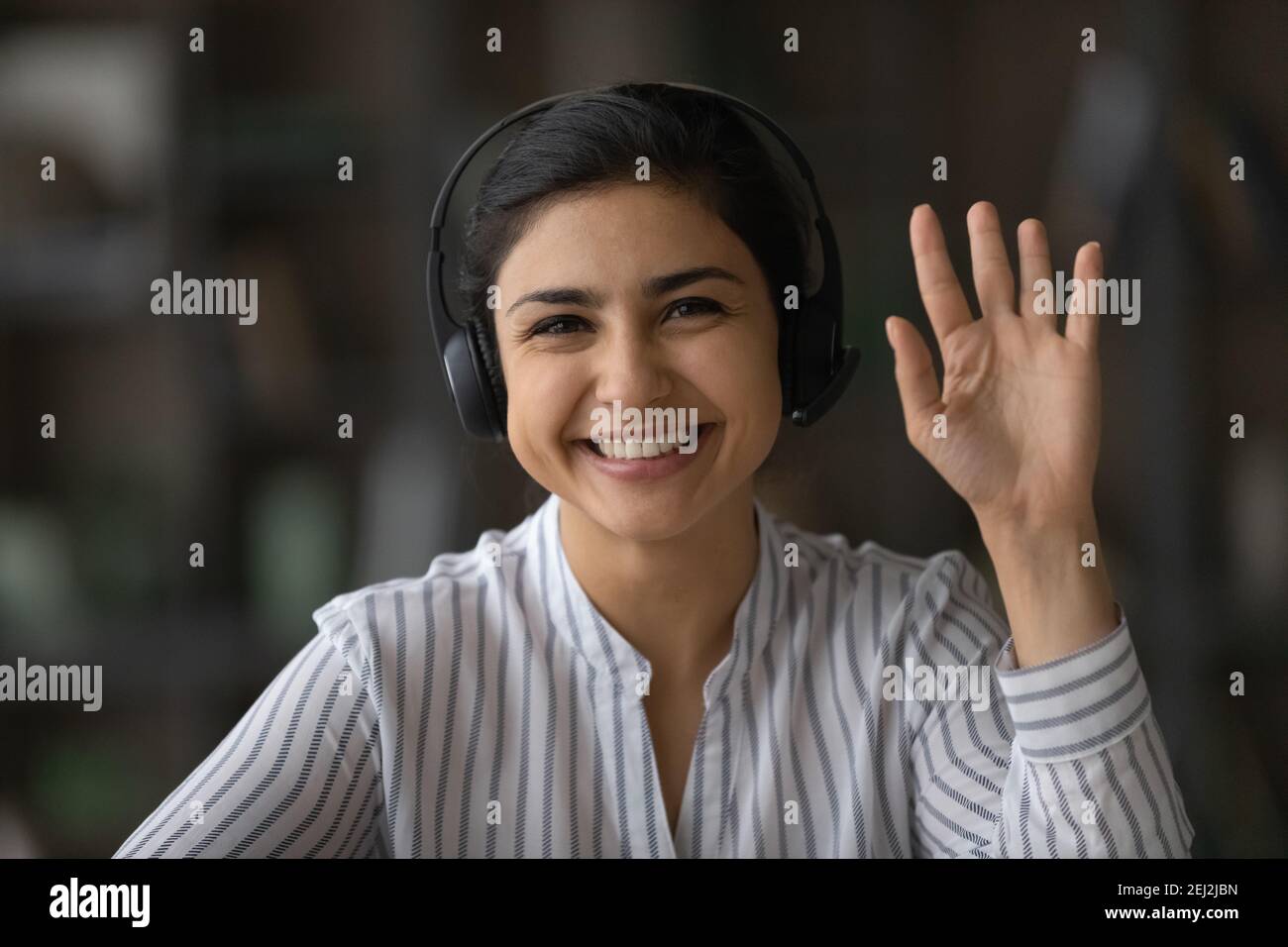 Screen portrait of happy Indian woman talk on video call Stock Photo ...