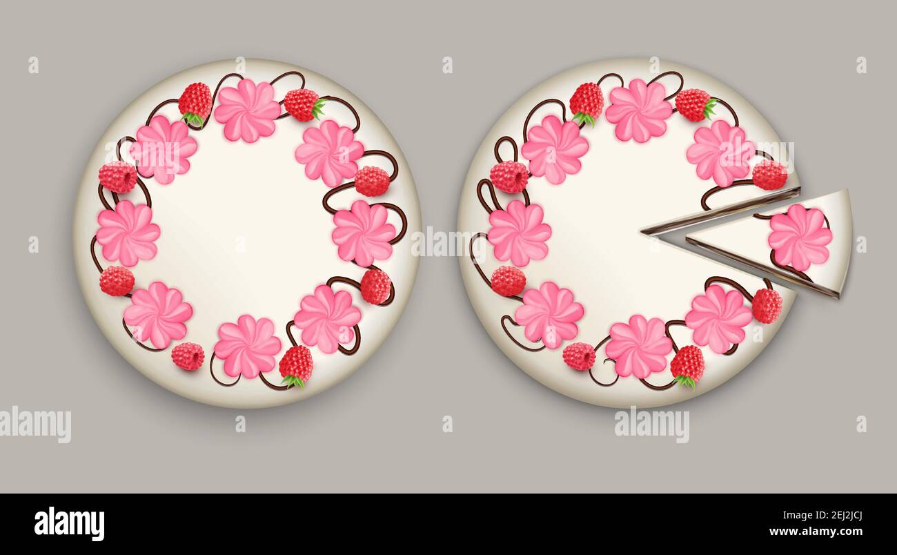 Cake top view realistic composition with two white cake one is whole ...