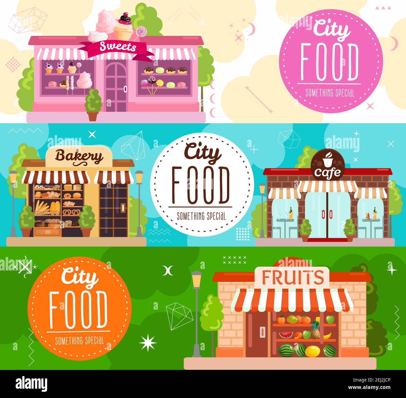 City food horizontal banners with showcases of bakery fruits and sweets ...