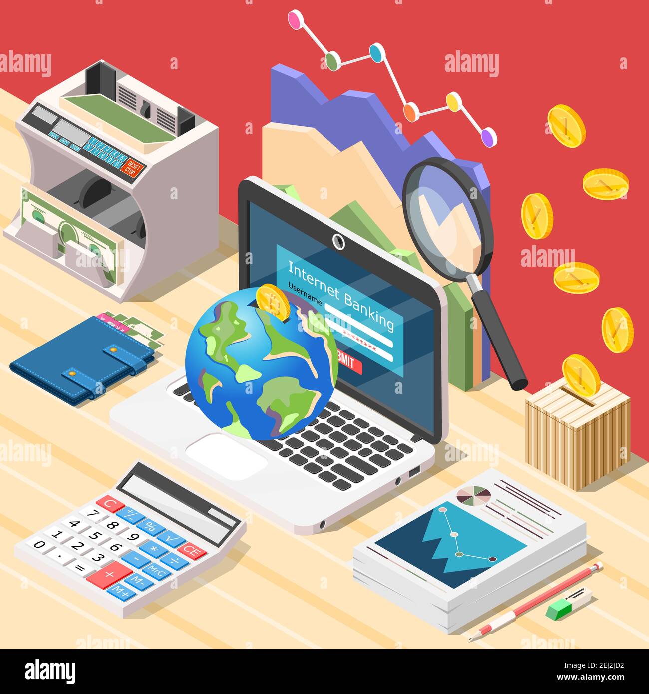 Isometric accounting background composition with workplace of ...